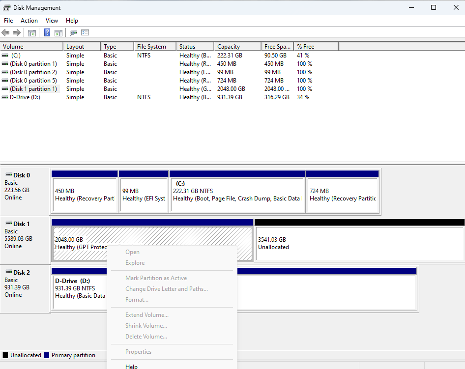 Disk Management options greyed out after installing hard drive ...