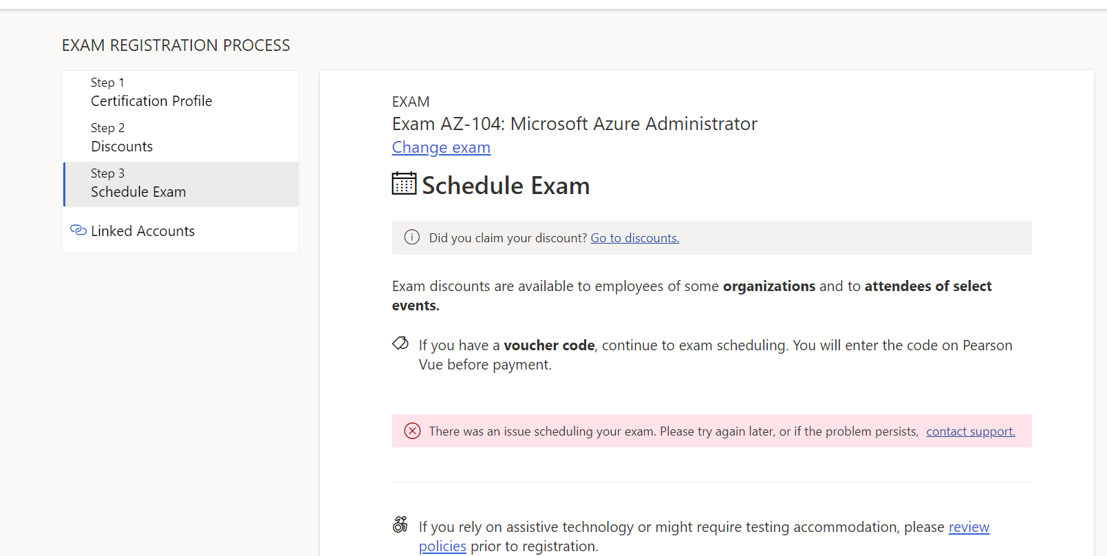 There was an issue scheduling your exam. Please try again later, or if ...
