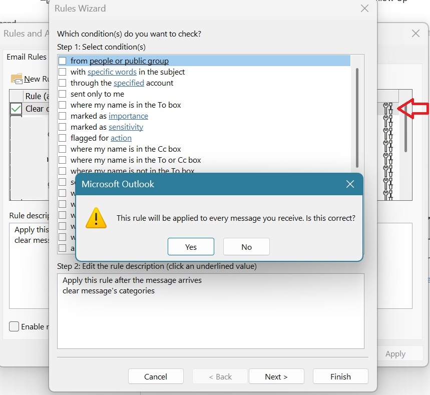 Outlook 2021 Clear categories on mail (Recommended) rule - "stop ...