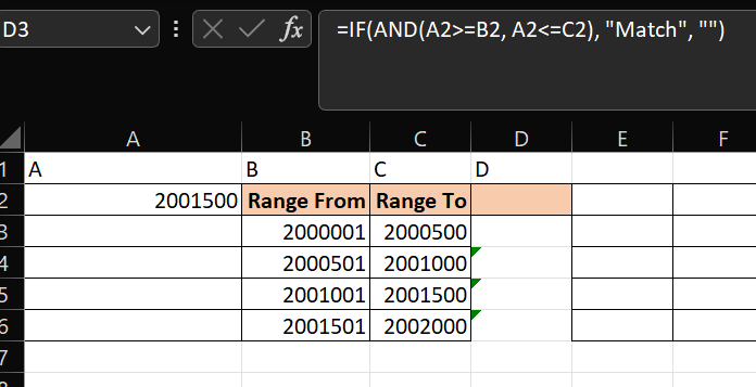 Find the Exact number from multiple Range & locate the row of result ...