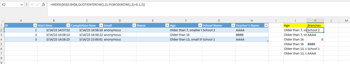 How to get two field values of a form in the same column of excel sheet ...
