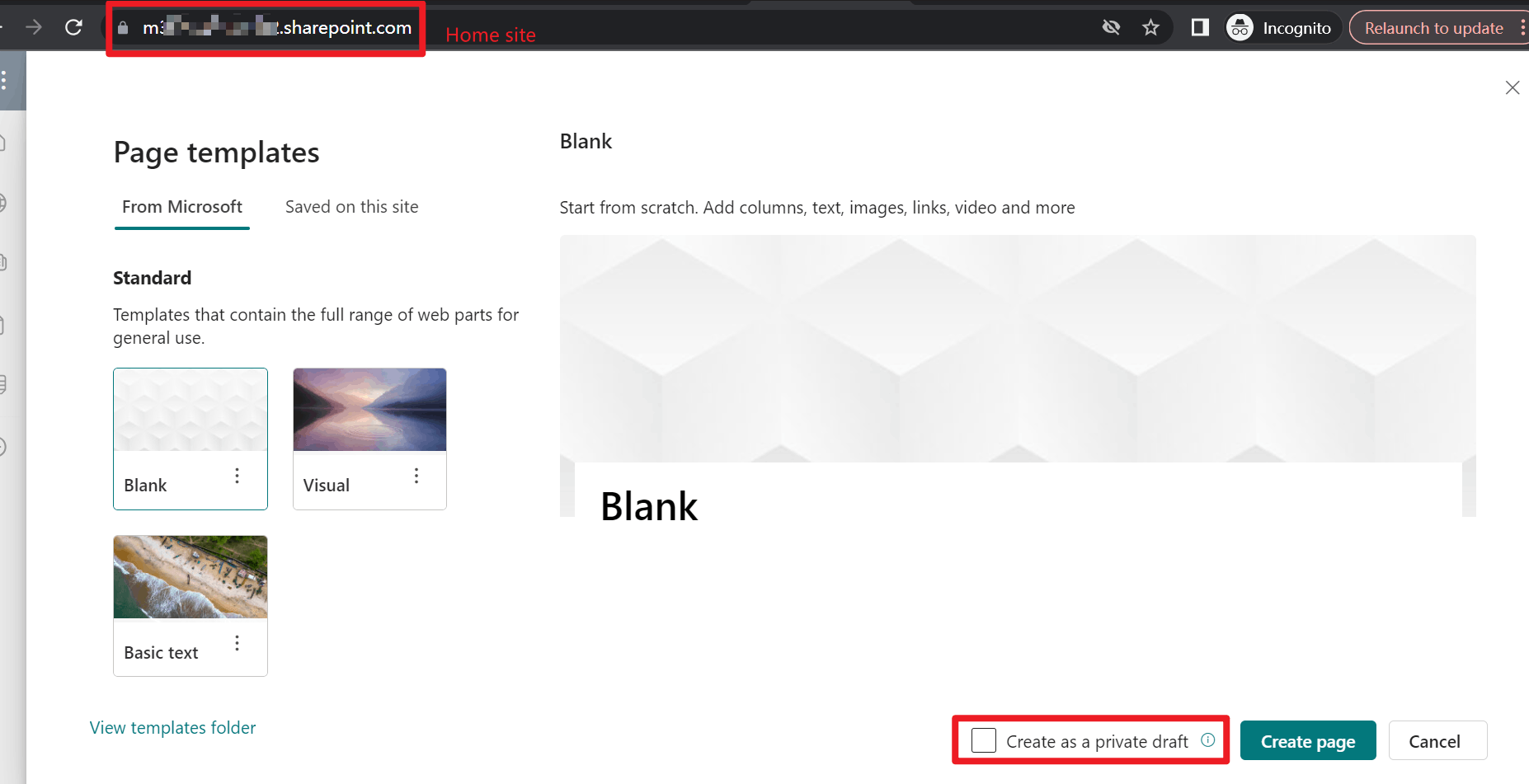 "Create as a private draft" for Home site in SharePoint Online ...
